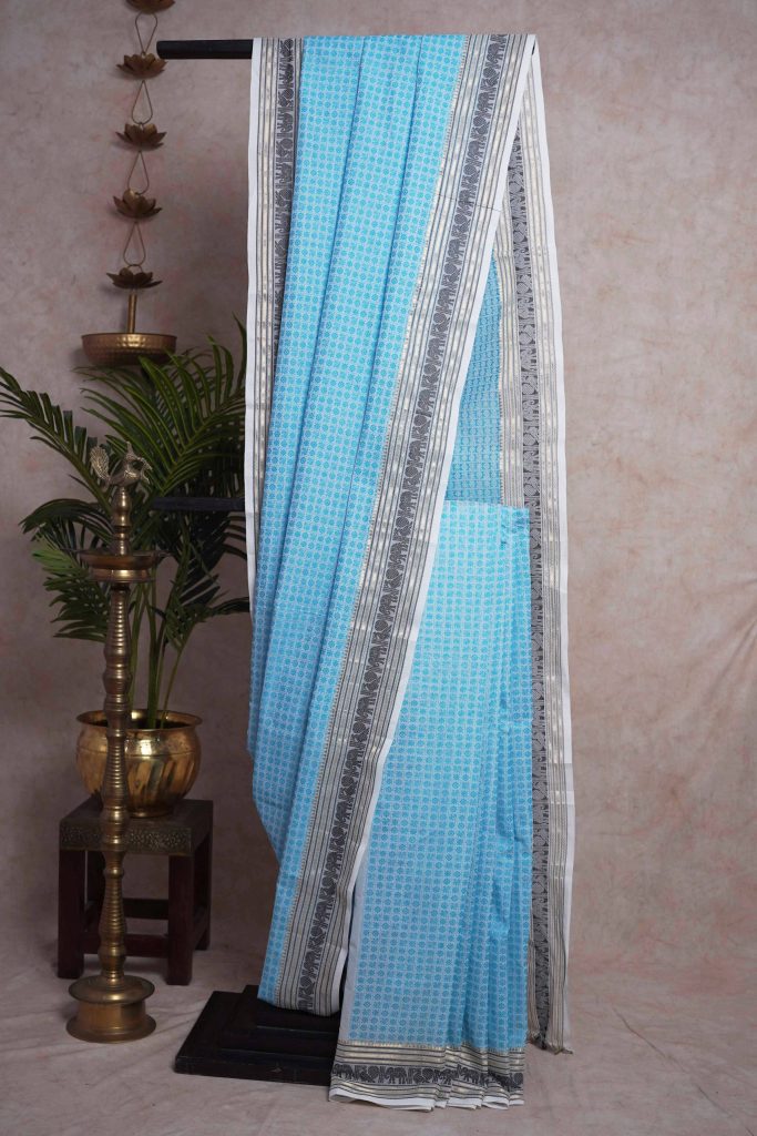 HANDWOVEN SKY BLUE KANCHI COTTON SAREE WITH 63 CM BLOUSE PIECE - Joyee Kolkata | Best Handwoven ...