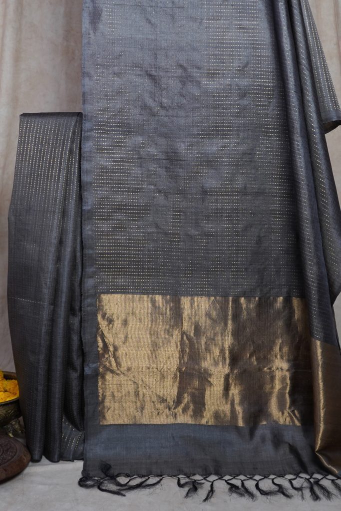 HANDWOVEN DARK GREY COLOUR KOSA SILK SAREE WITH 71 CM BLOUSE PIECE - Joyee Kolkata | Handwoven ...